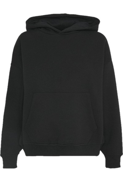 Kahraman Oyuncak Siyah Kanguru Cepli Kapüşonlu Boyfriend Örme Şardonlu Sweatshirt L-Xl