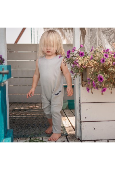 Antebies Zürafa Baskılı Cepli Gri Ribana Kolsuz Barbatöz