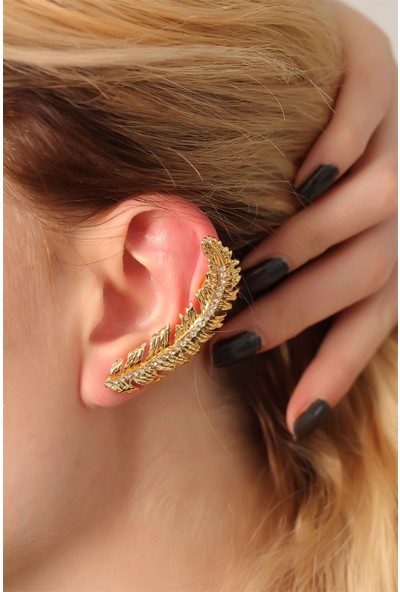 Kaktüs Kedi Altın Renk Yaprak Model Zirkon Taşlı Kıkırdak Küpe