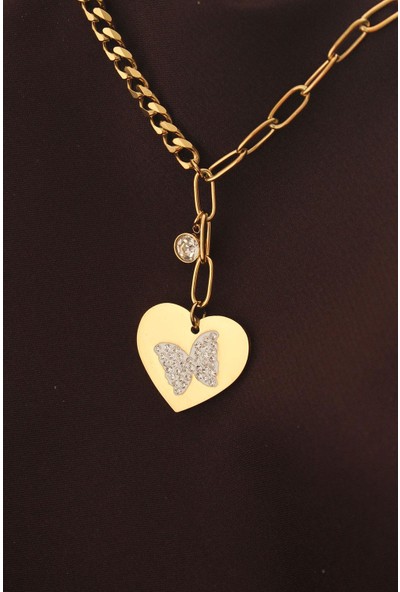 KaktüsKedi Çelik Altın Renk Zirkon Taşlı Kalpli Kelebek Kolye KaktüsKedi Çelik Altın Renk Zirkon Taşlı Kalpli Kelebek Kolye