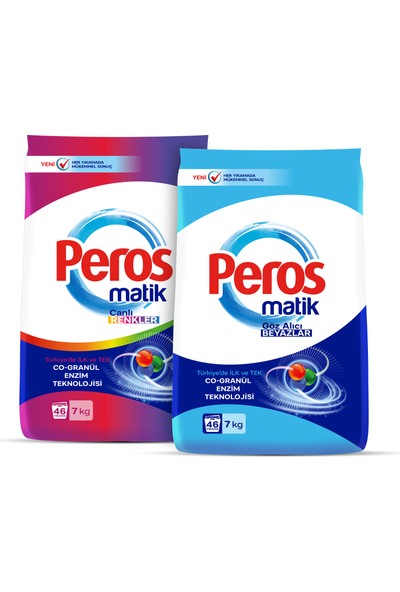 Peros Matik Göz Alıcı Beyaz 7 kg + Peros Matik Canlı Renkler Toz Deterjan 7 kg Peros Matik Göz Alıcı Beyaz 7 kg + Peros Matik Canlı Renkler Toz Deterjan 7 kg