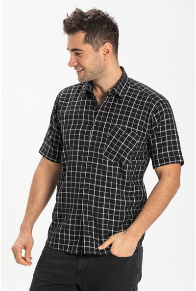 Eliş Şile Bezi Büyük Beden Kısa Kol Şile Bezi Erkek Gömlek Siyah Kareli 3055