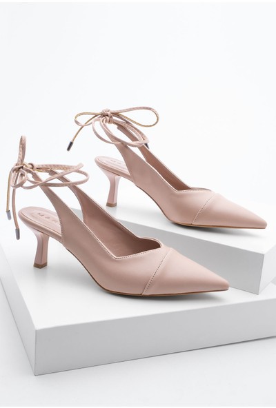 Marjin Kadın Stiletto Bilekten Bağlamalı Arkası Açık Sivri Burun Topuklu Ayakkabı Adino