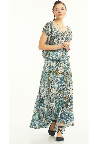 Beli Lastikli Uzun Otantik Desenli Elbise