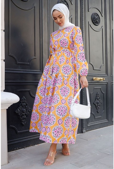Instyle Ebruli Çiçek Baskılı Elbise - Sarı Instyle Ebruli Çiçek Baskılı Elbise - Sarı