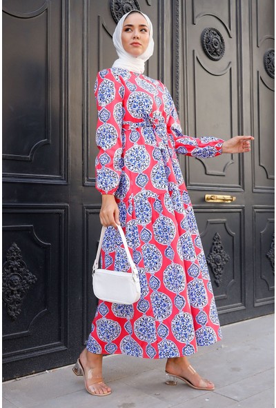 Instyle Ebruli Çiçek Baskılı Elbise - Kırmızı Instyle Ebruli Çiçek Baskılı Elbise - Kırmızı