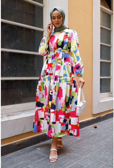 Instyle Karışık Fırça Motifli Kuşaklı Elbise - Pembe Instyle Karışık Fırça Motifli Kuşaklı Elbise - Pembe