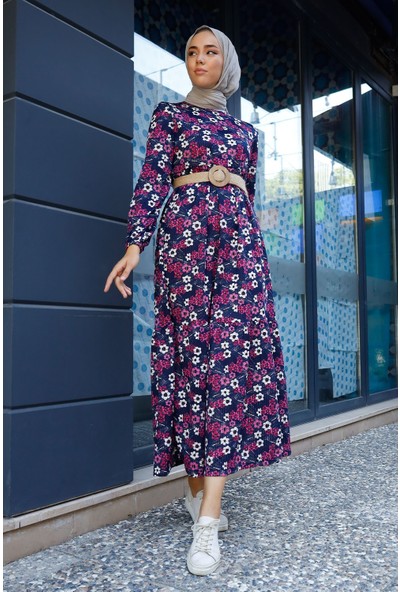 inStyle Akasya Çiçeği Desen Elbise - Gül Kurusu
