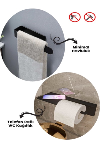 Proud Wave Siyah Havlu Tutacağı Metal Havlu Askısı Havluluk ve Telefon Raflı Wc Kağıtlık 2li Set Proud Wave Siyah Havlu Tutacağı Metal Havlu Askısı Havluluk ve Telefon Raflı Wc Kağıtlık 2li Set
