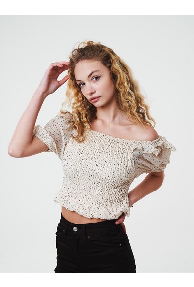 Eylül Moda Kadın Bluz Kare Yaka Bel Lastik Kaskorse Şifon Bluz - Taş - 01 Small