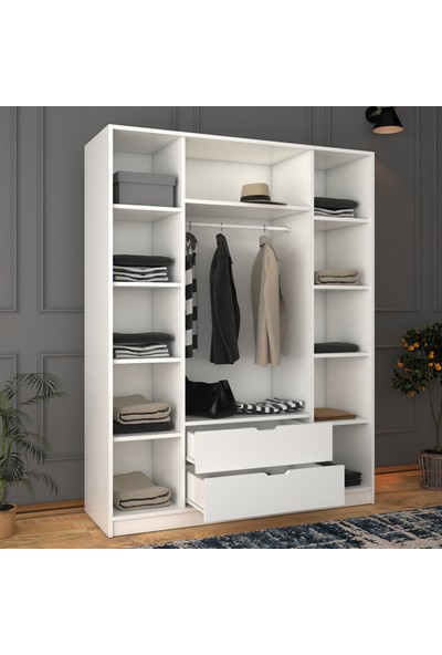 Midoser Mat Beyaz 4 Kapılı 2 Çekmeceli Elbise Dolabı - Gardırop