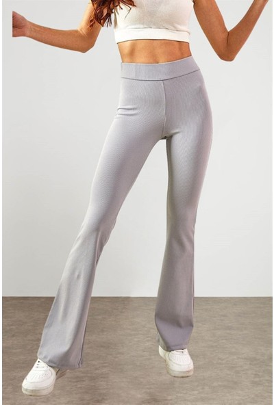 Amazoons Kadın Gri Ispanyol Paça Fitilli Ekstra Yüksek Bel Toparlayıcı Tayt