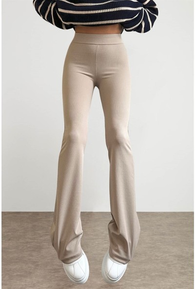 Amazoons Kadın Bej Ispanyol Paça Fitilli Ekstra Yüksek Bel Toparlayıcı Tayt