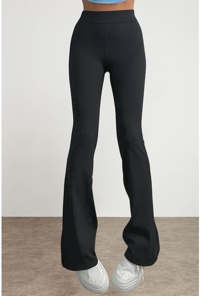 Amazoons Kadın Siyah Ispanyol Paça Fitilli Ekstra Yüksek Bel Toparlayıcı Tayt