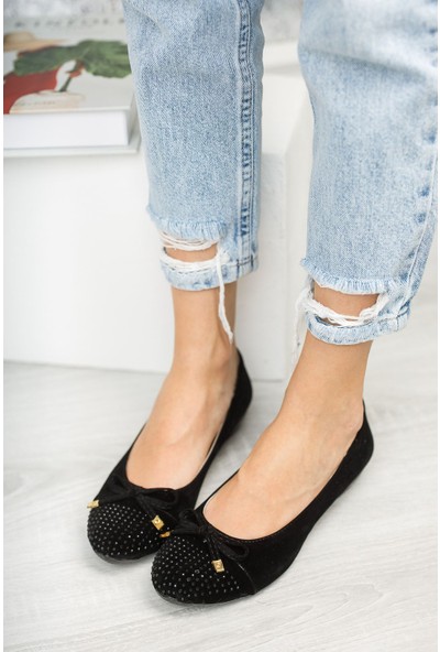 NeskaAvm Fiyonklu Taşlı Siyah Süet Babet