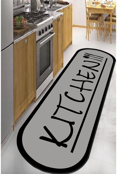 Grande Kaymaz Tabanlı Gri Yazılı Dijital Baskılı Mutfak Halısı - HLBSK-109