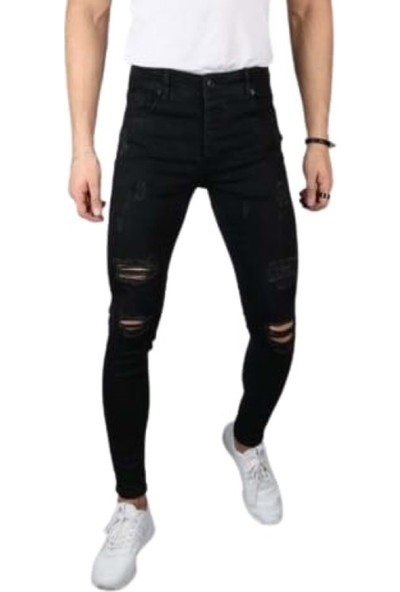 Hacker Erkek Denim Slim Yırtık Kot Pantolon R 096-744 - Siyah - 33