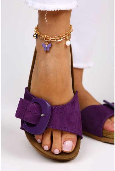 Manijero Alandra Kadın Hakiki Deri Mor Terlik