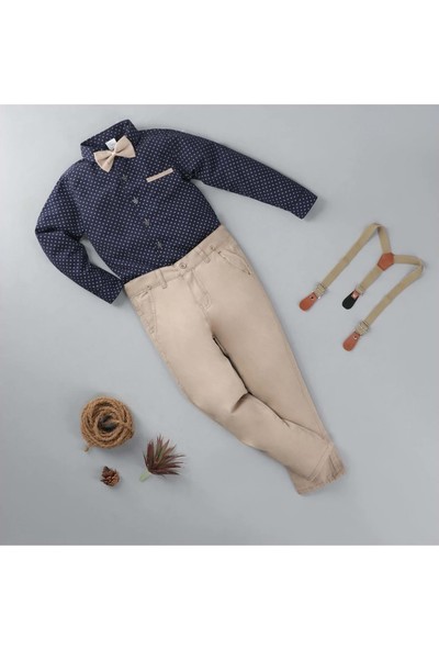 Cinarium Erkek Çocuk Gömlek Keten Pantolon Askı ve Papyon Takım - Bej - 3 Yaş