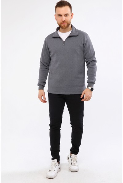 Mualta Erkek Regular Fit Balıkçı Yaka Uzun Kollu Füme Gri Sweatshirt