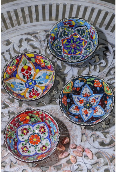 Seramik El Yapımı Kase Çerezlik Sosluk Baharat 12 cm 4'lü Set