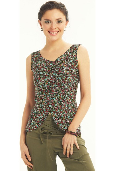 Kırmızı Çiçekli Kolsuz Düğmeli Kadın Bluz