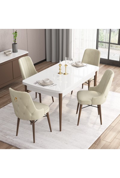 Canisa Concept Are Serisi, 80X132 Açılabilir Mdf Beyaz Masa Ceviz Ayak Masa Takımı, 4 Sandalye Canisa Concept Are Serisi, 80X132 Açılabilir Mdf Beyaz Masa Ceviz Ayak Masa Takımı, 4 Sandalye