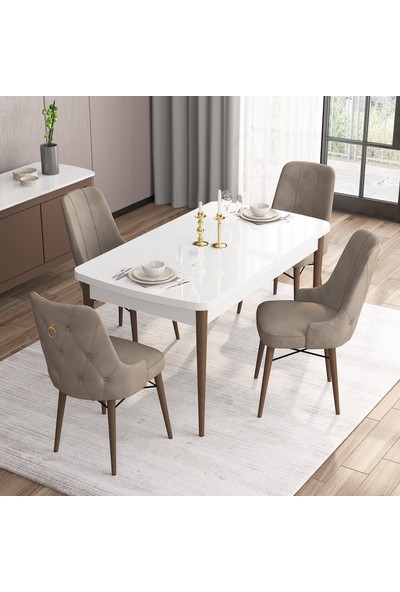 Canisa Concept Are Serisi, 80X132 Açılabilir Mdf Beyaz Masa Ceviz Ayak Masa Takımı, 4 Sandalye