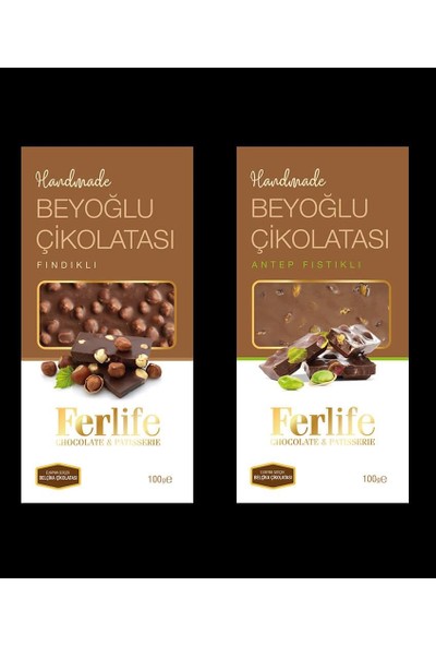 Dola Ferlife Glutensiz El Yapımı Beyoğlu Çikolatası Antep Fıstıklı ve Fındıklı 100 gr 2 Adet Dola Ferlife Glutensiz El Yapımı Beyoğlu Çikolatası Antep Fıstıklı ve Fındıklı 100 gr 2 Adet