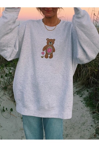 Laluvia Kadın Gri Teddy Baskılı Oversize Sweatshirt Laluvia Kadın Gri Teddy Baskılı Oversize Sweatshirt
