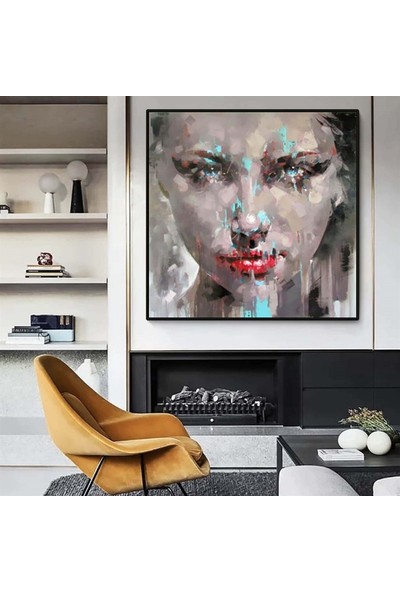 Tablo Plus Soyut Kırmızı Rujlu Kadın Yağlı Boya Tablo