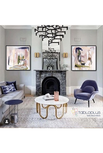 Tablo Plus Pembe Soyut Ikili Yağlı Boya Dokulu Tablo