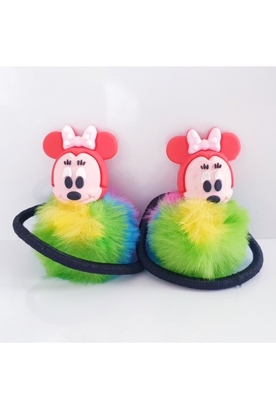 Mıckey Fare Figürlü Rengarenk Peluş Ponponlu Kız Çocuk 2li Lastikli Toka