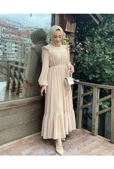 Şifon Krem Prenses Elbise