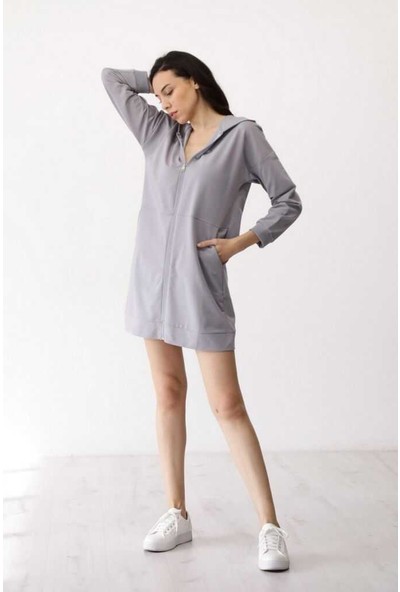 Modaline Kapşonlu Önü Fermuarlı Hırka