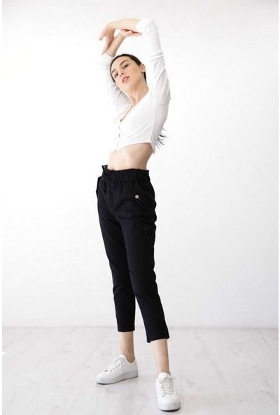 Modaline Keten Düğme Detaylı Pantolon Modaline Keten Düğme Detaylı Pantolon