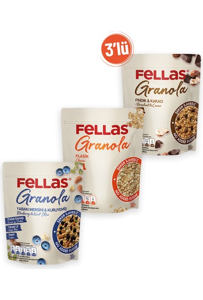 Fellas Granola 3'lü - Yaban Mersinli 300 gr + Fındıklı 300 gr + Klasik 300 gr Fellas Granola 3'lü - Yaban Mersinli 300 gr + Fındıklı 300 gr + Klasik 300 gr