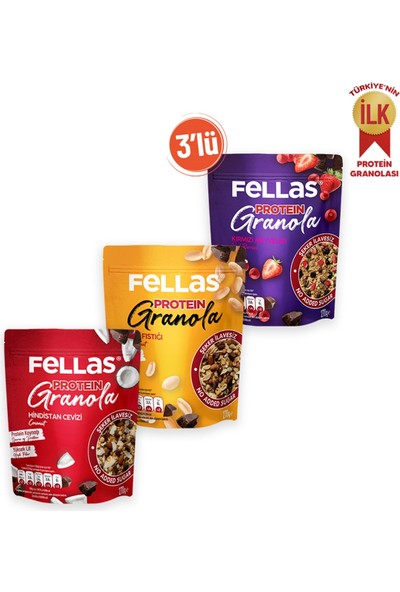 Fellas Granola 3'lü-Protein Bar Parçacıklı Hindistan C. 270GR Kırmızı Meyveli 270GR + Yer Fıst. 270GR