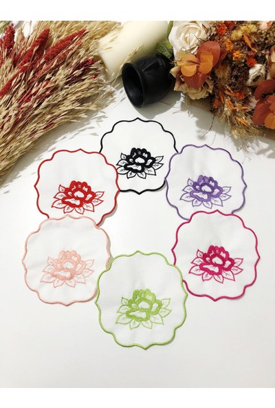 Sun Art Textile Nilüfer-8 6 Farklı Renk Nakışlı Kokteyl / Sunum Peçetesi, Bardak Altlığı 6'lı Takım