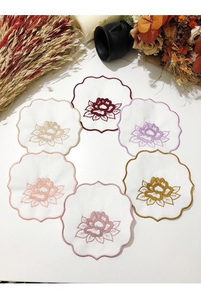 Sun Art Textile Nilüfer-9 6 Farklı Renk Nakışlı Kokteyl / Sunum Peçetesi, Bardak Altlığı 6'lı Takım