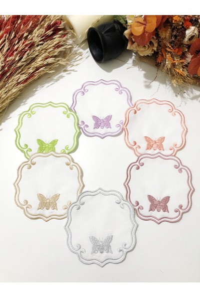 Sun Art Textile Kelebek-9 6 Farklı Renk Nakışlı Kokteyl / Sunum Peçetesi, Bardak Altlığı 6'lı Takım