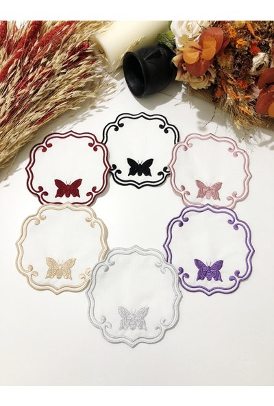 Sun Art Textile Kelebek-8 6 Farklı Renk Nakışlı Kokteyl / Sunum Peçetesi, Bardak Altlığı 6'lı Takım