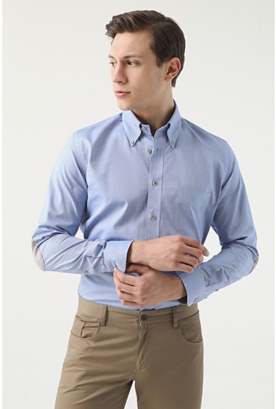 D'S Damat Ds Damat Regular Fit Mavi Düz Gömlek