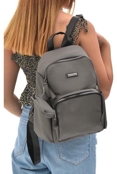 Kadın Cüzdanlı Saten Kumaş Sırt Çantası Gri