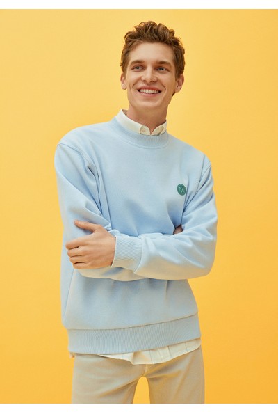 Bisiklet Yaka Mavi Sweatshirt
