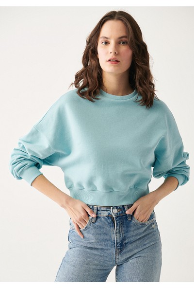 Mavi Bisiklet Yaka Mavi Sweatshirt