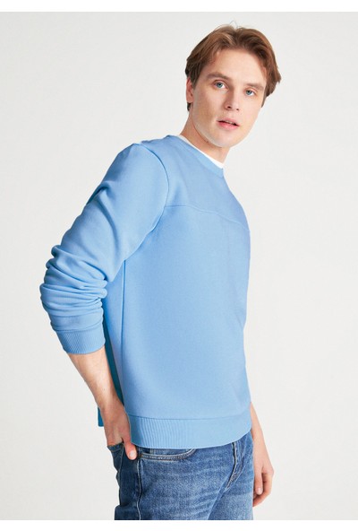 Mavi Bisiklet Yaka Mavi Sweatshirt