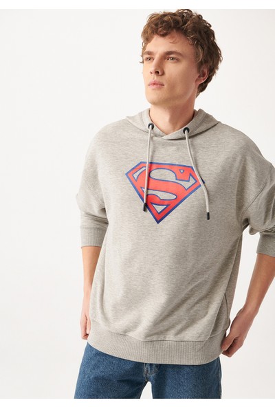 Mavi Superman Baskılı Gri Sweatshirt