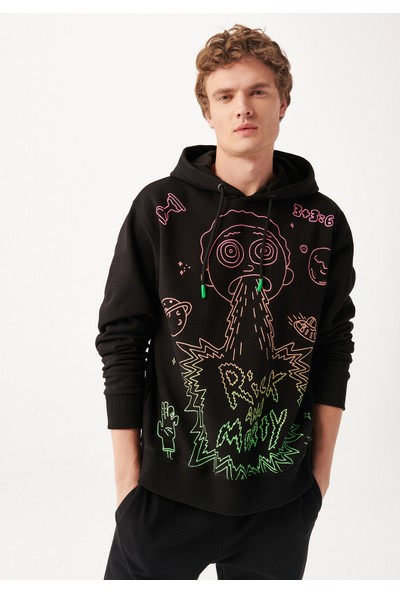 Mavi Rick And Morty Baskılı Siyah Sweatshirt