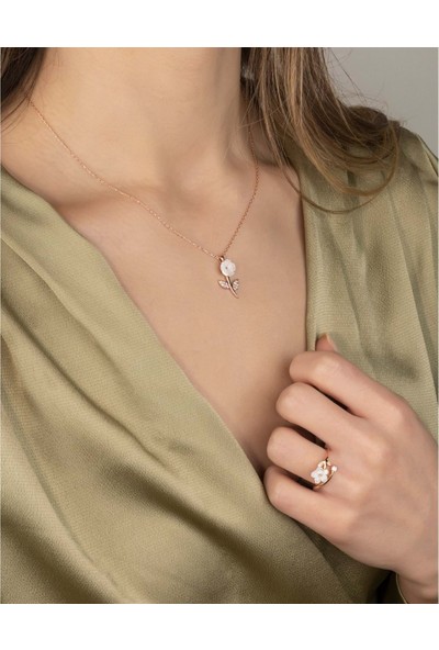 Else Silver Sedef Kardelen Çiçeği Gümüş Kolye ve Yüzük Kombin